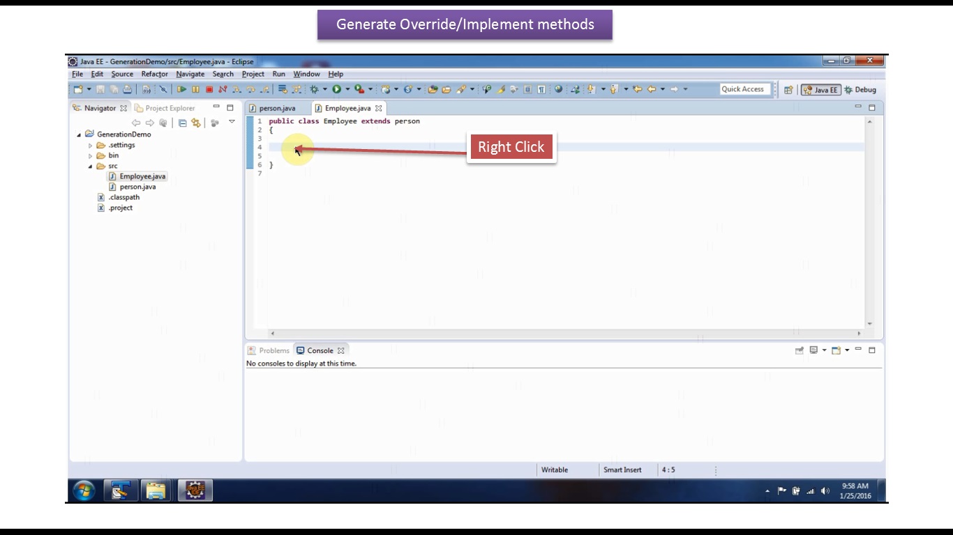 Java Ee Java Tutorial Generate Override Methods Using Eclipse